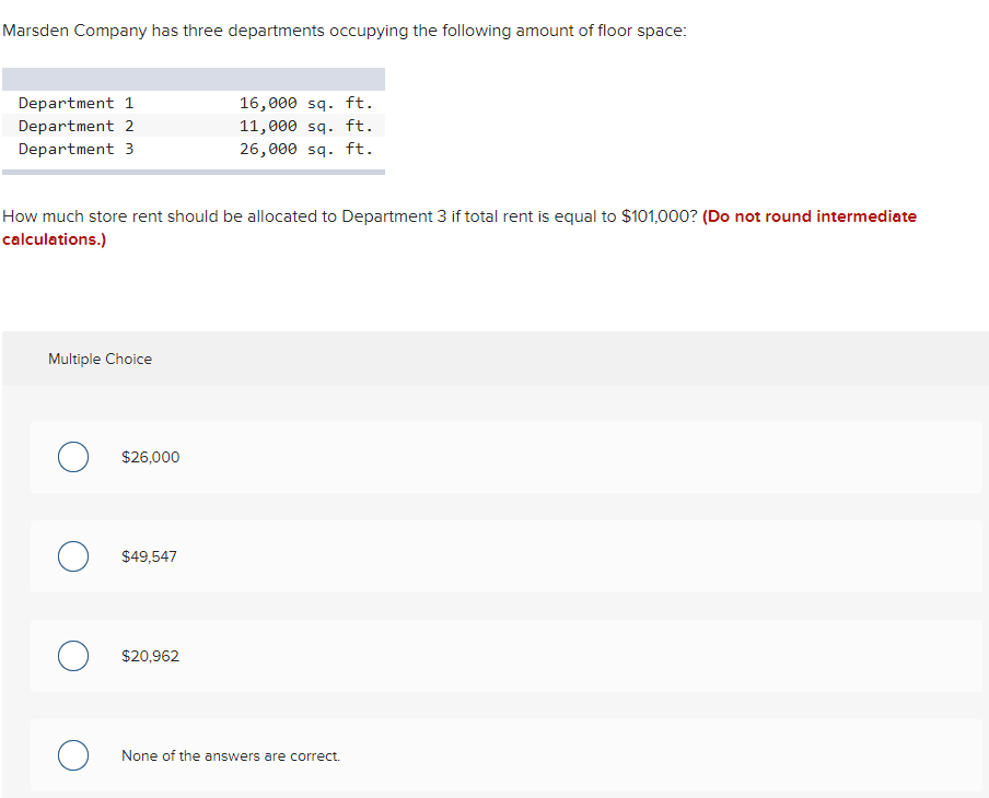 Solved Marsden Company has three departments occupying the | Chegg.com