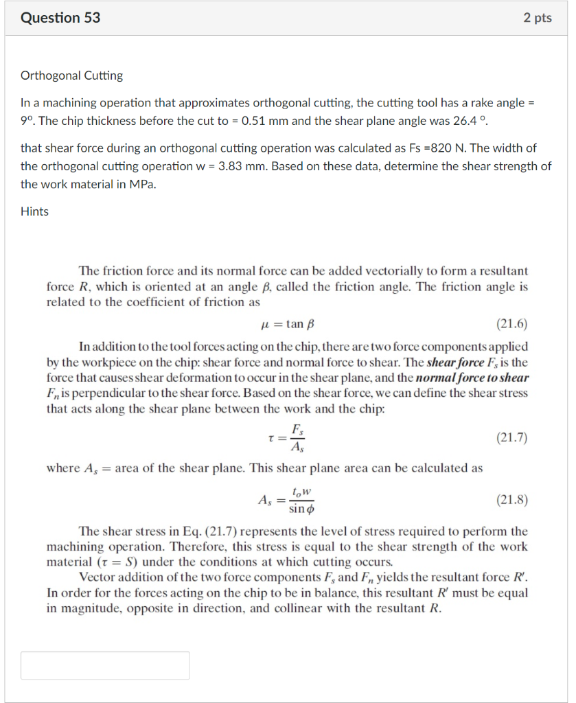 Solved Orthogonal Cutting In a machining operation that | Chegg.com Solved Orthogonal Cutting In a machining operation that | Chegg.com
