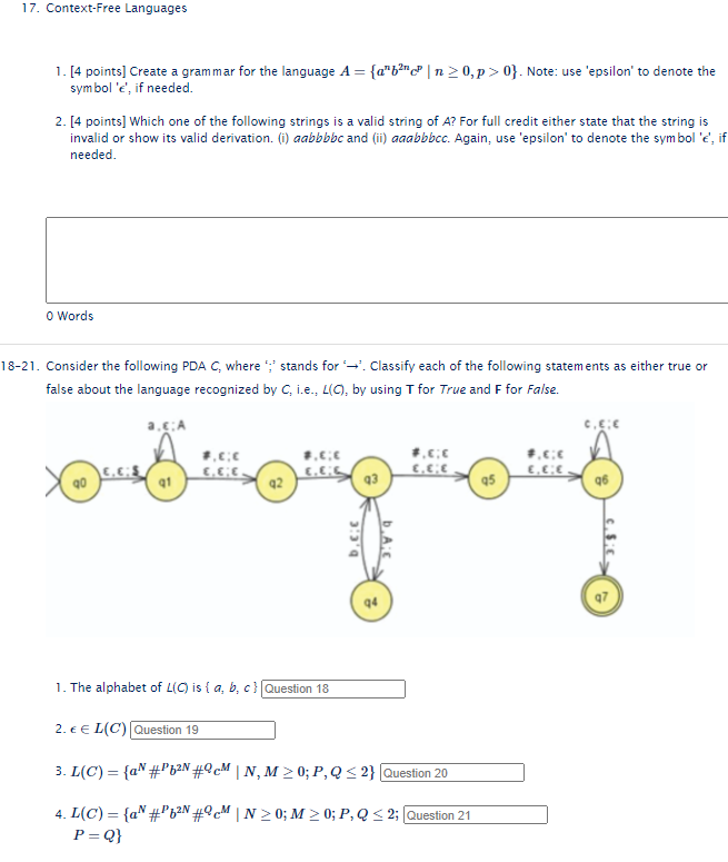 Solved 17. Context-Free Languages 1. [4 points] Create a | Chegg.com