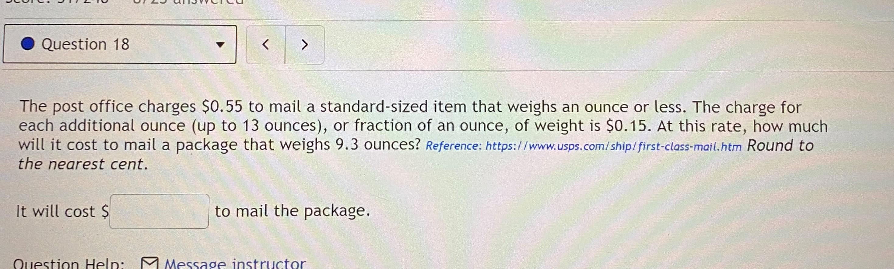 Solved Question 18 The post office charges $0.55 to mail | Chegg.com