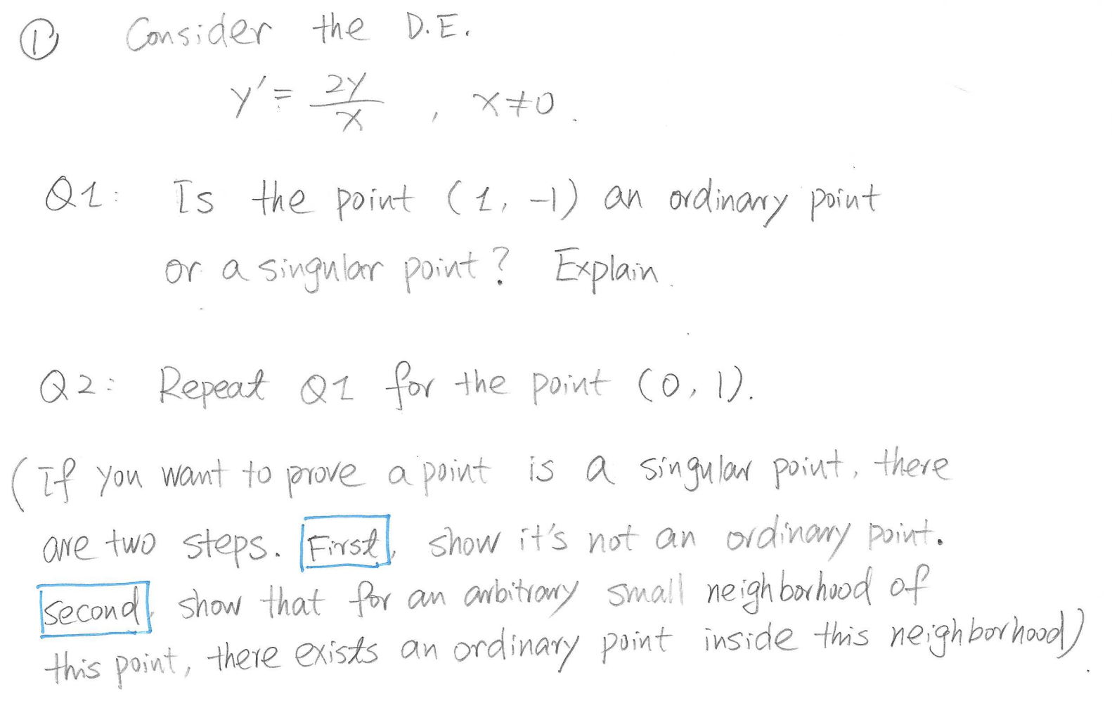Solved (1) Consider the D.E. y′=x2y,x =0. Q1: Is the point | Chegg.com