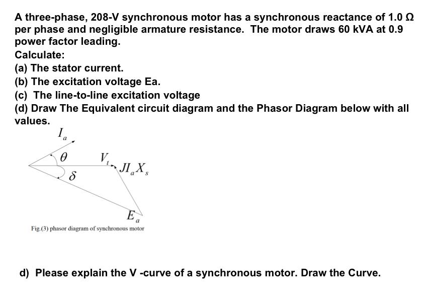 [Solved]: A three-phase, 208-V synchronous motor has a syn