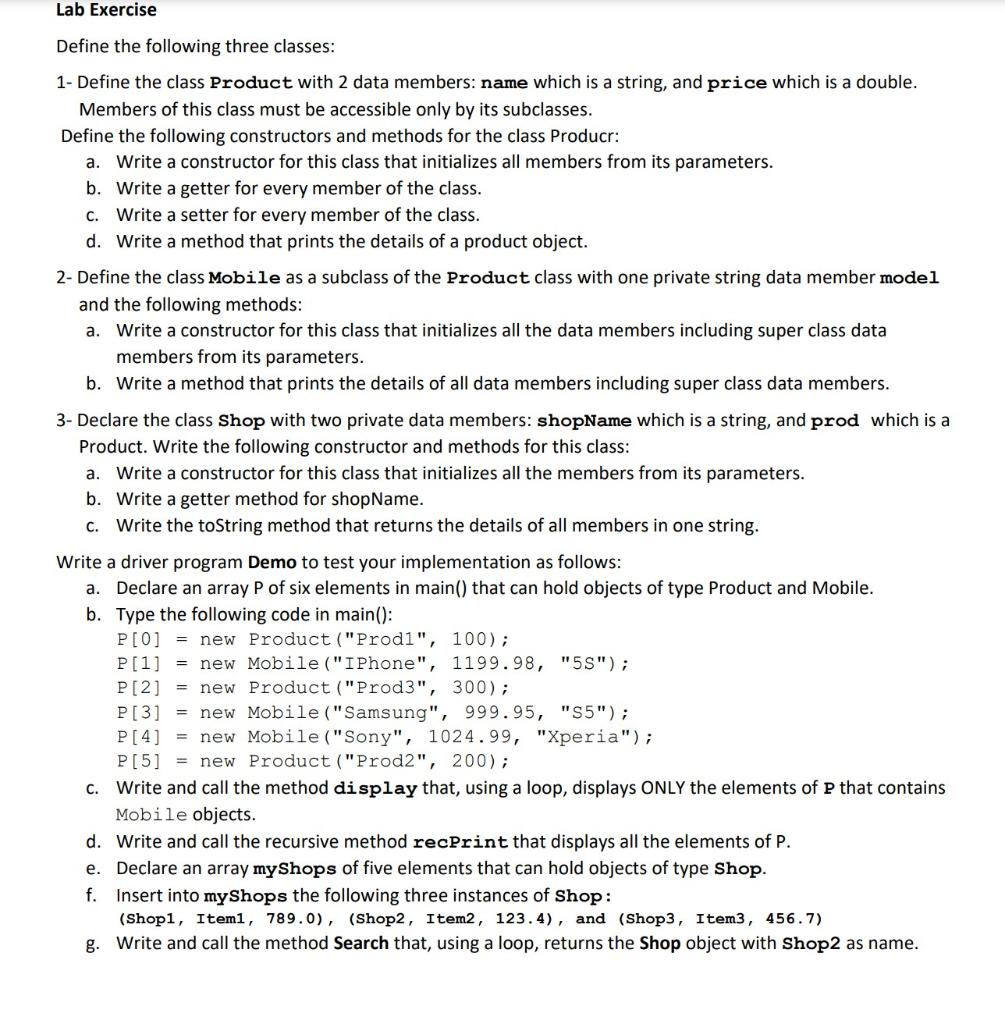 Solved Lab Exercise Define the following three classes: 1- | Chegg.com
