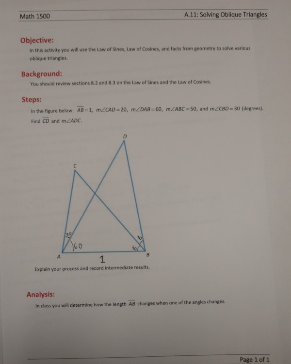 Solved Math 1500 A. 11: Solving Oblique Triangles Objective: | Chegg.com