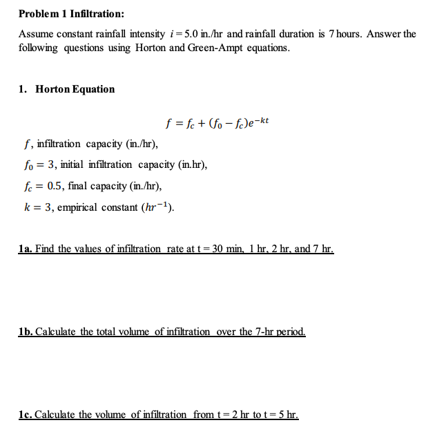 Solved Problem 1 Infiltration: Assume constant rainfall | Chegg.com