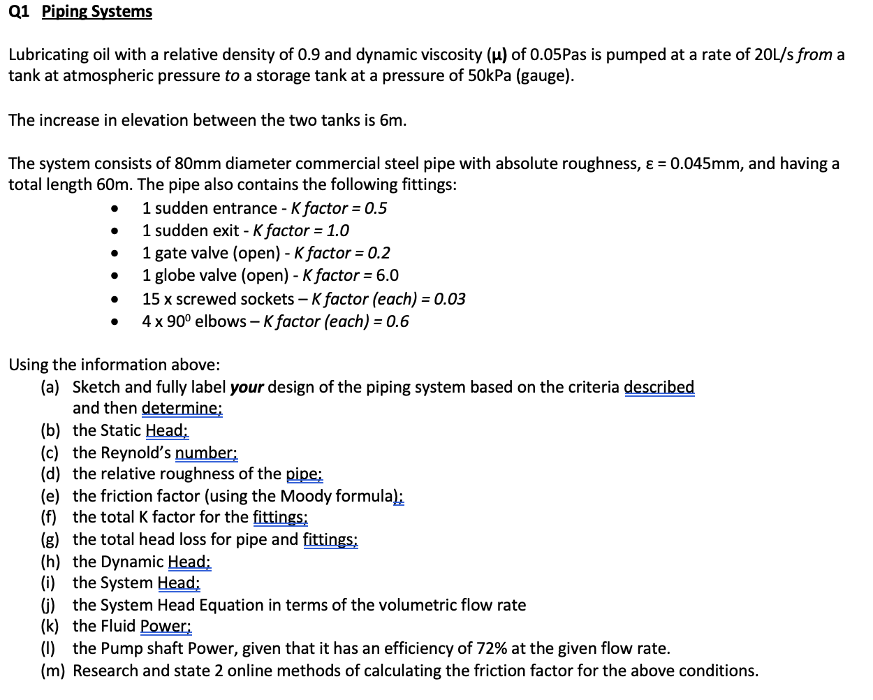 Solved Q1 ﻿Piping SystemsLubricating oil with a relative | Chegg.com