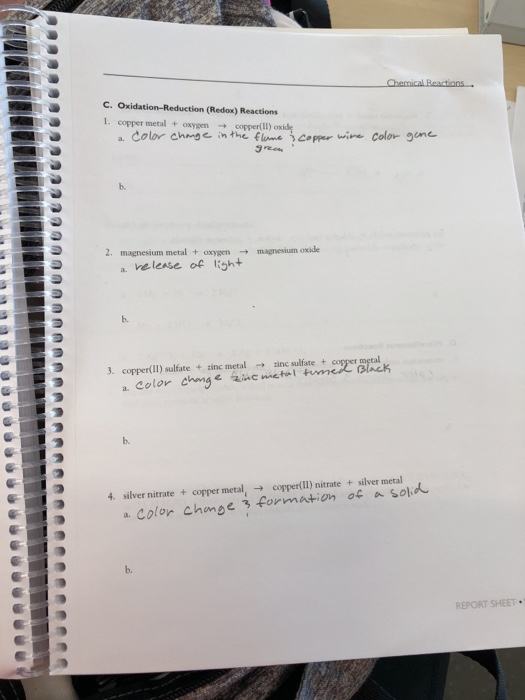 Solved REPORT SHEET Chemical Reactions NAME DATE SECTION For | Chegg.com