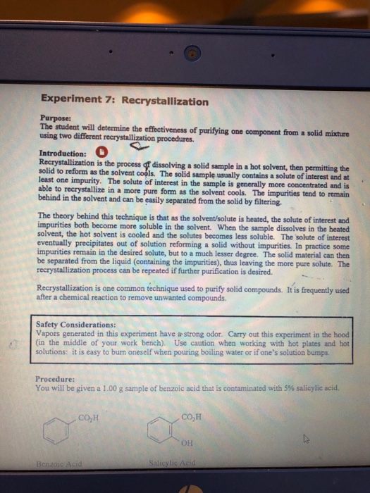 Solved Experiment 7: Recrystallization Purpose.t will | Chegg.com