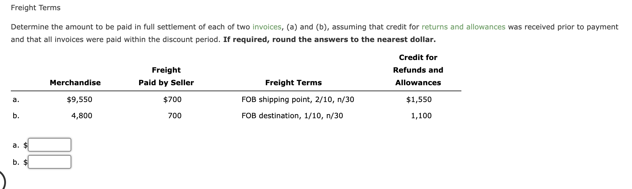 Solved Freight Terms Determine the amount to be paid in full | Chegg.com
