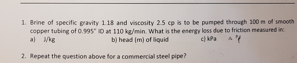 Solved 1. Brine of specific gravity 1.18 and viscosity 2.5 | Chegg.com