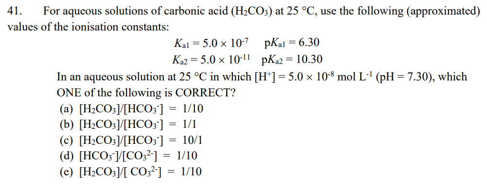 Solved 1. For aqueous solutions of carbonic acid (H2CO3) at | Chegg.com