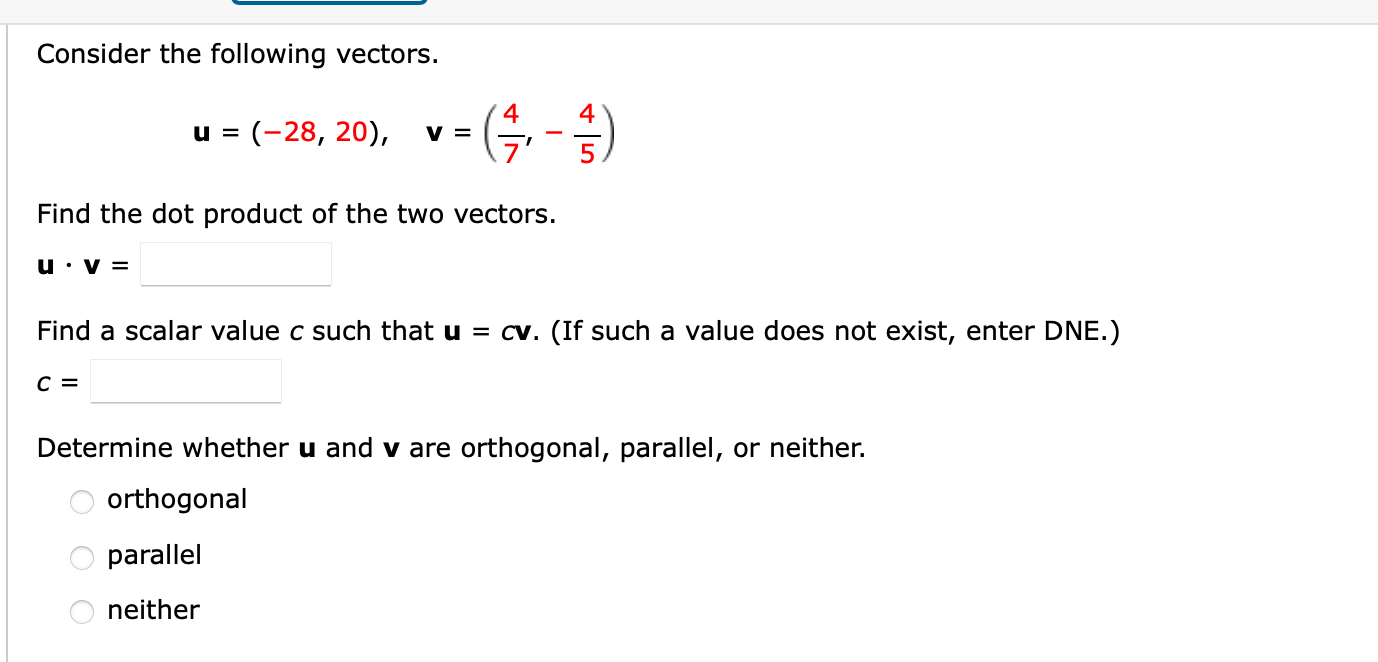 Solved Consider the following vectors. u = (-28, 20), V = = | Chegg.com