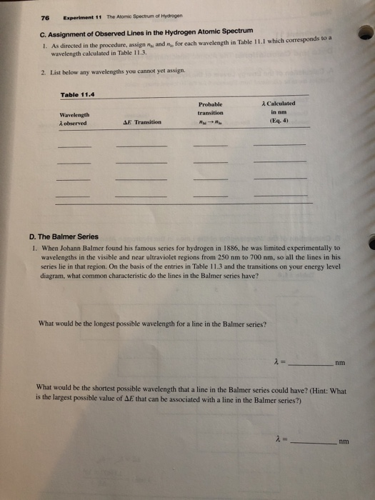 Solved 76 Experiment 11 The Atomic Spectrum of Hydrogen C. | Chegg.com