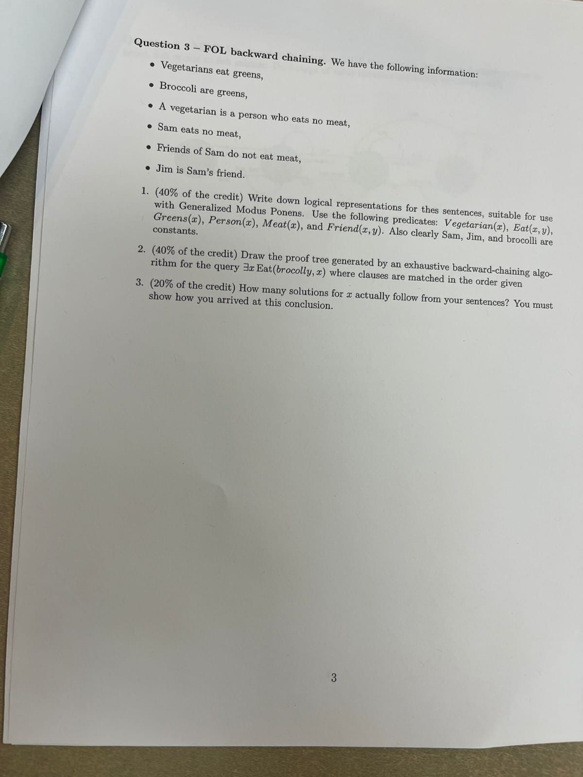 Solved Question 3 - FOL backward chaining. We have the | Chegg.com