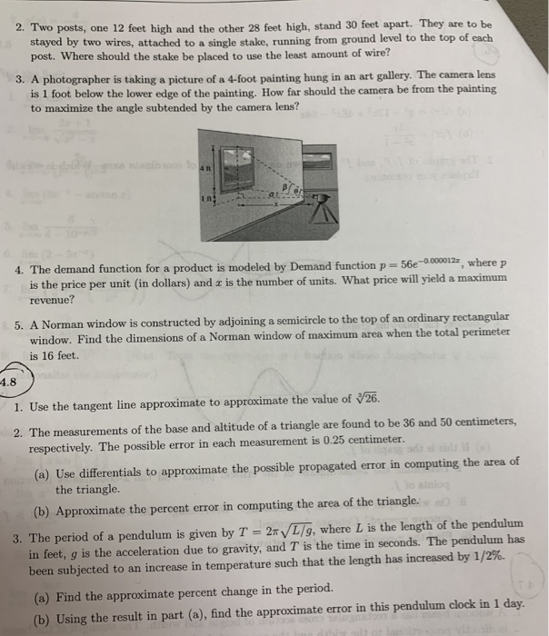 Solved 2. Two posts, one 12 feet high and the other 28 feet | Chegg.com