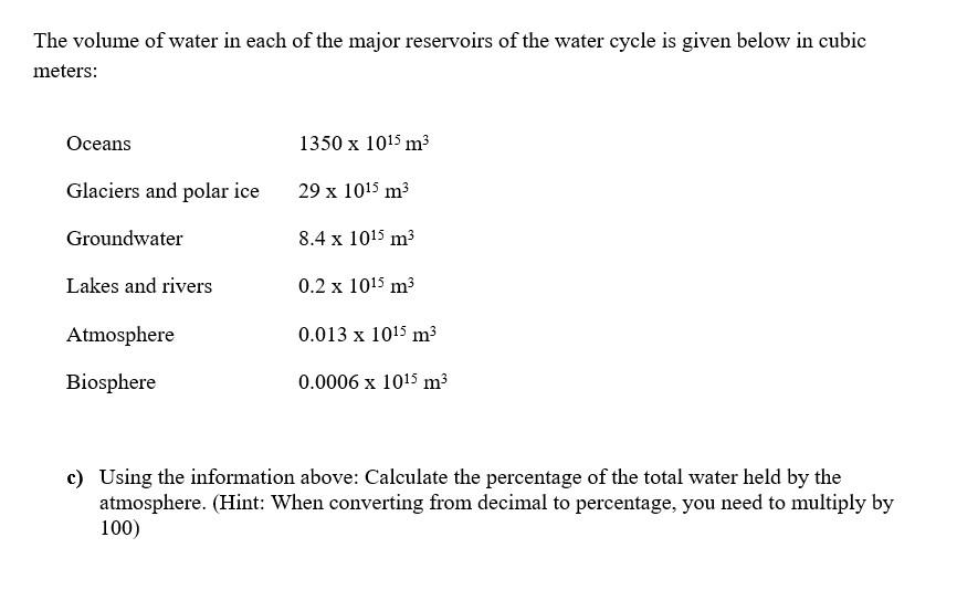 Solved The volume of water in each of the major reservoirs | Chegg.com