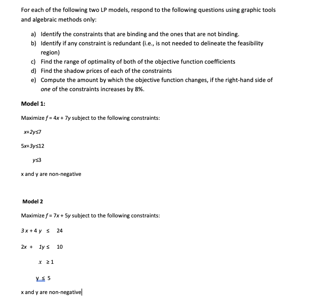 Solved For each of the following two LP models, respond to | Chegg.com