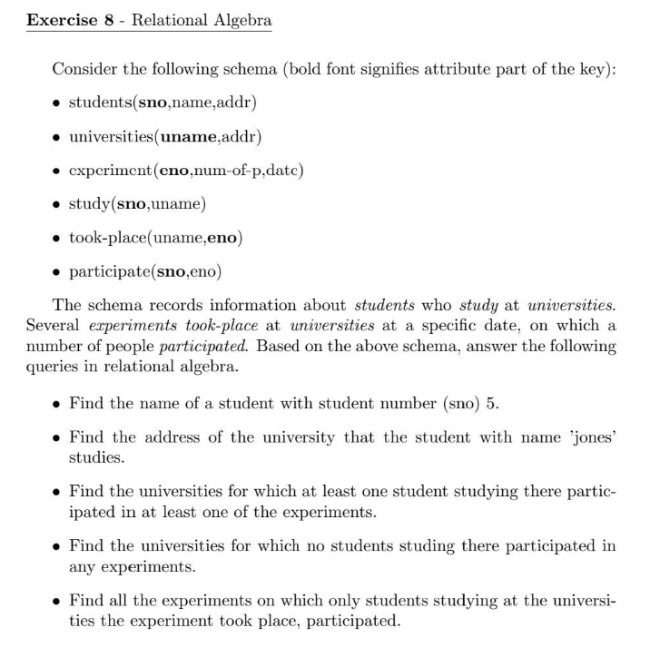 Solved Exercise 8 Relational Algebra Consider the following | Chegg.com