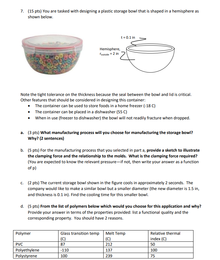 7. (15 pts) You are tasked with designing a plastic | Chegg.com