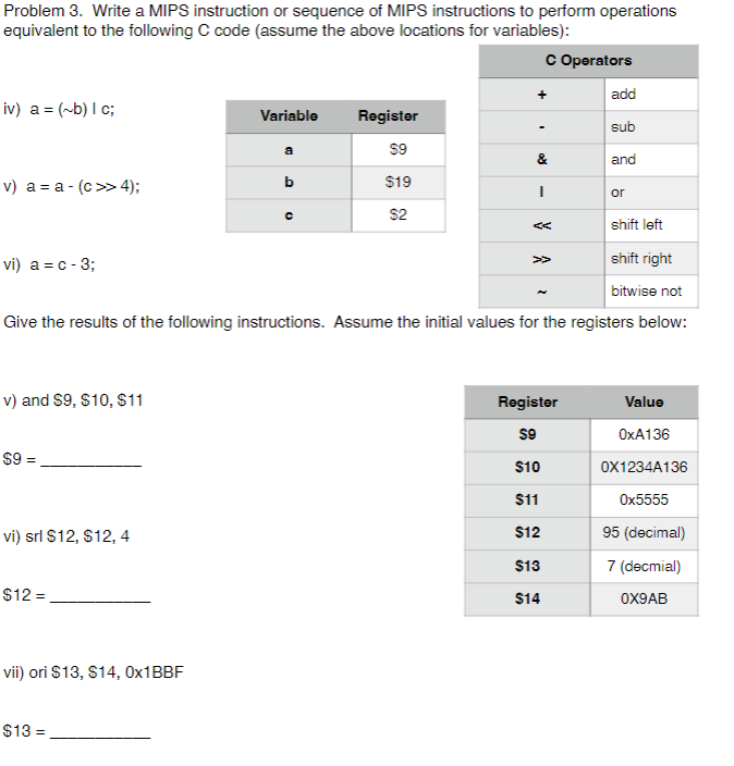 Solved Problem 3. Write a MIPS instruction or sequence of | Chegg.com