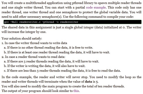 Modify the C code to be Multi-threads Readers and a | Chegg.com