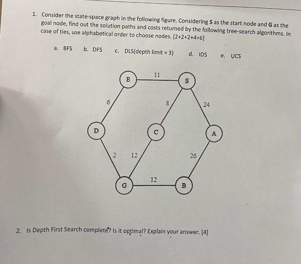 Solved 1. Consider the state-space graph in the following | Chegg.com