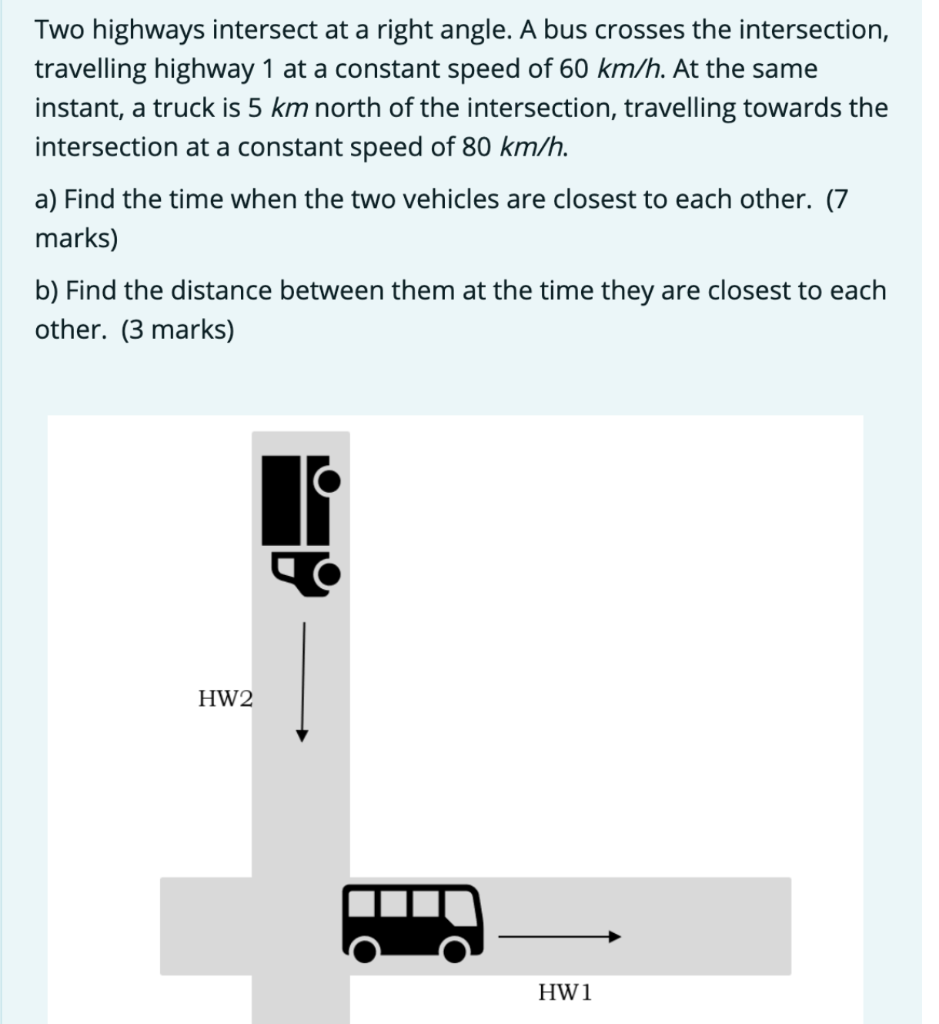 Solved Two highways intersect at a right angle. A bus | Chegg.com