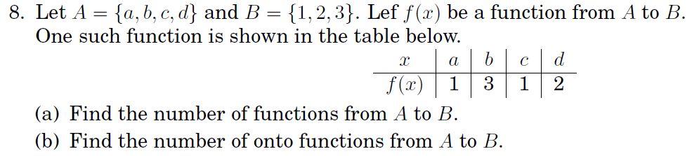 Solved a с 8. Let A = {a,b,c,d} and B = {1, 2, 3). Lef f(x) | Chegg.com