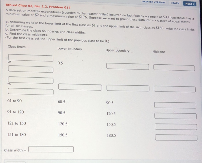 Solved PRINTER VERSION BACK NEXT 8th-ed Chap 02, Sec 2.2, | Chegg.com