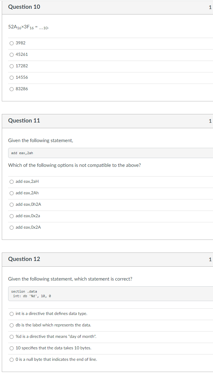 Solved Question 10 1 52 A16×3 F16=−−10. 3982 45261 17282 | Chegg.com