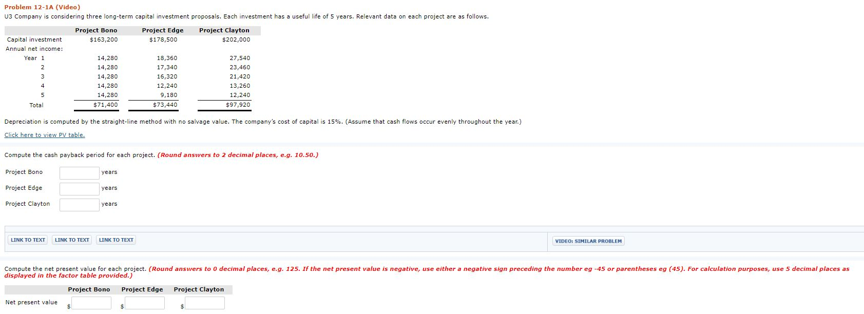 Solved Problem 12-1A (Video) U3 Company is considering three | Chegg.com
