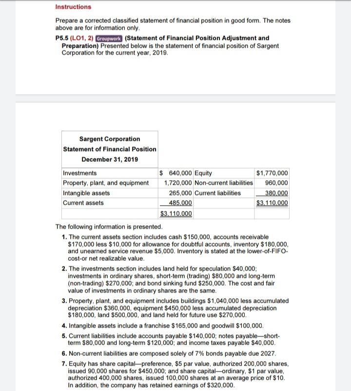Solved Instructions Prepare a corrected classified statement | Chegg.com