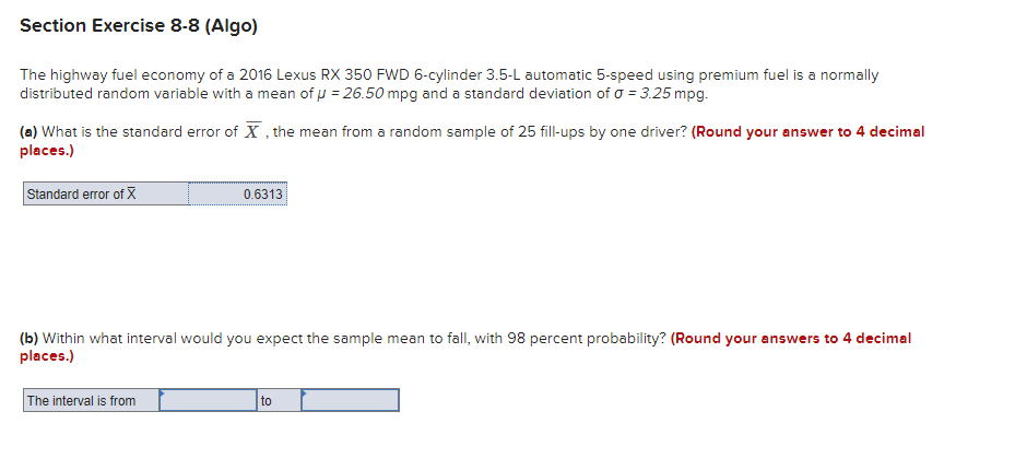 Solved Section Exercise 8-8 (Algo) The highway fuel economy | Chegg.com