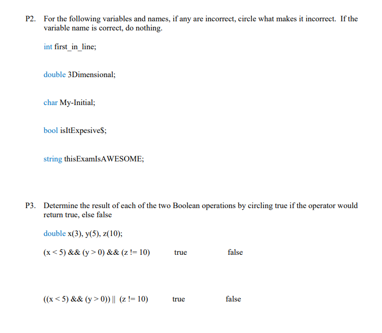 Solved P2. For the following variables and names, if any are | Chegg.com