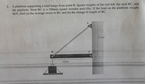 Solved 2. A platform supporting a load hangs from point B. | Chegg.com