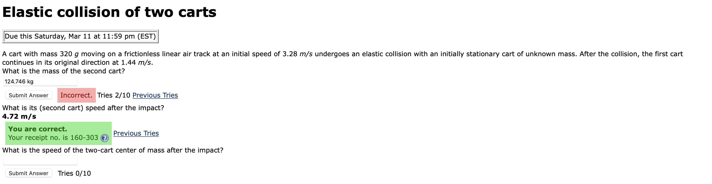 Solved Elastic collision of two carts continues in its | Chegg.com