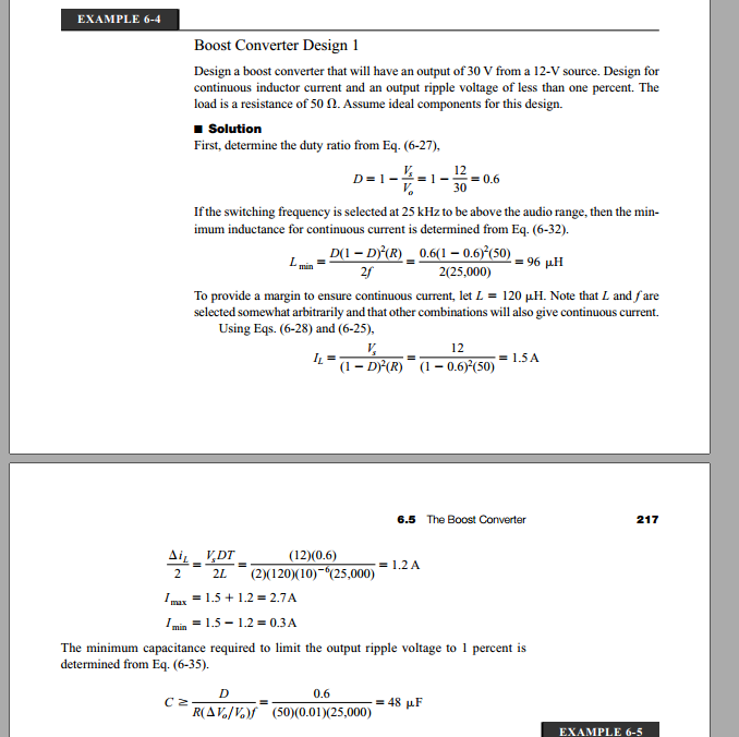 Solved EXAMPLE 6-4 Boost Converter Design 1 Design a boost | Chegg.com