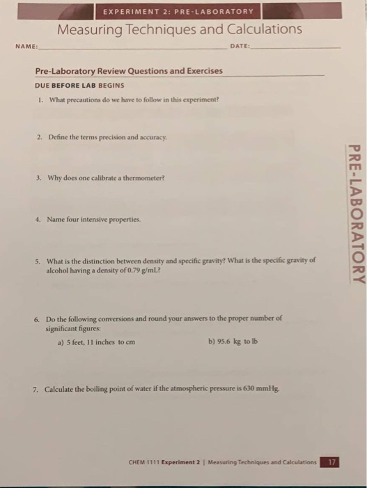 Solved EXPERIMENT 2: PRE-LABORATORY Measuring Techniques and | Chegg.com