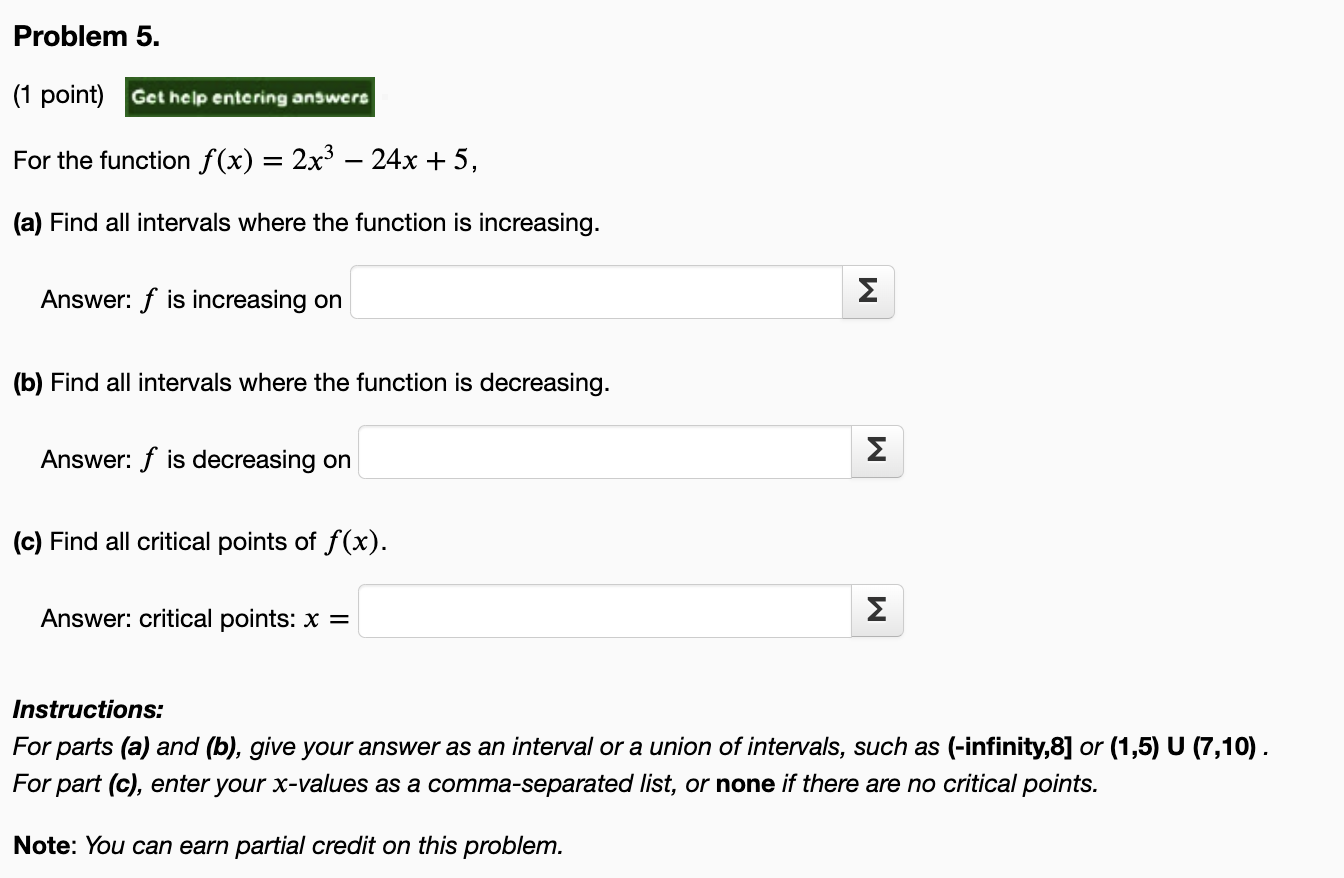 Solved Problem 5. (1 point) Get help entering answers For | Chegg.com