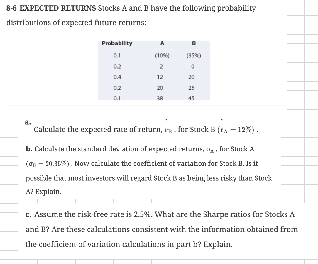 Solved 8-6 EXPECTED RETURNS Stocks A and B have the | Chegg.com