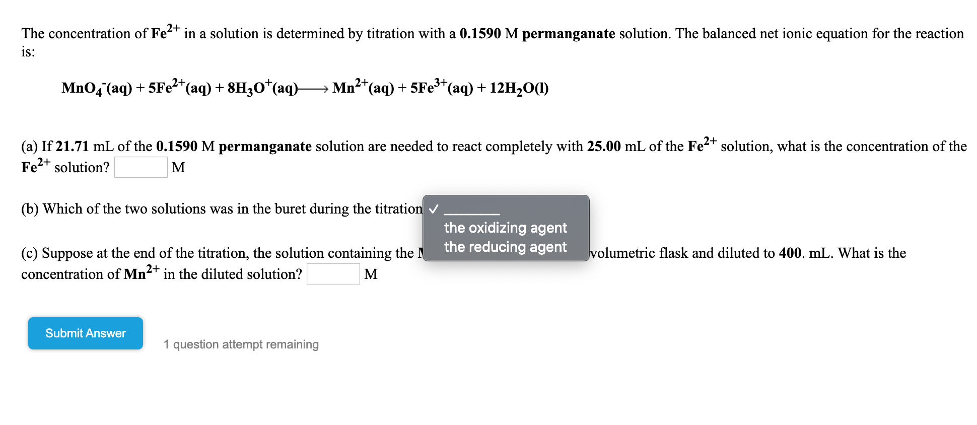 Solved The concentration of Fe2+ in a solution is determined | Chegg.com