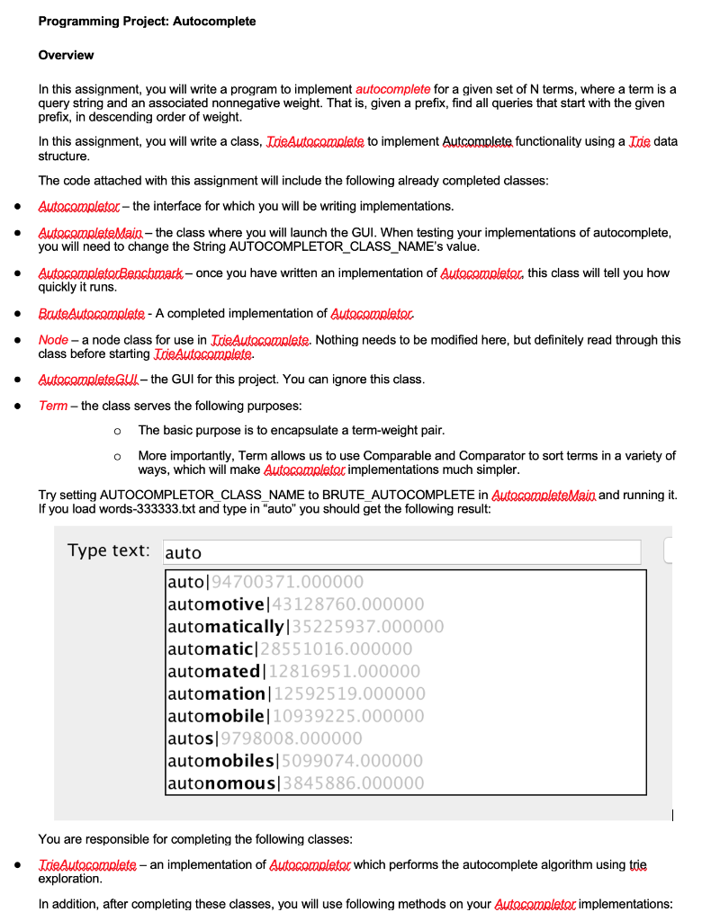 Programming Project: Autocomplete Overview In this | Chegg.com