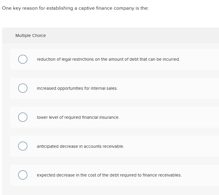 Solved One key reason for establishing a captive finance | Chegg.com