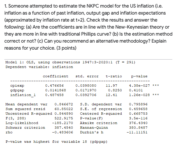 Solved 1. Someone attempted to estimate the NKPC model for | Chegg.com