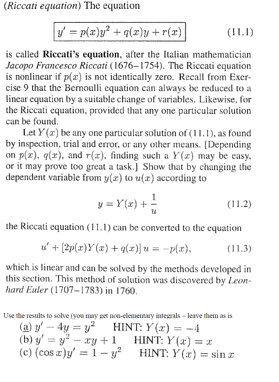 Solved (Riccati equation) The equation y' = p(x)y2 + g(x)y | Chegg.com