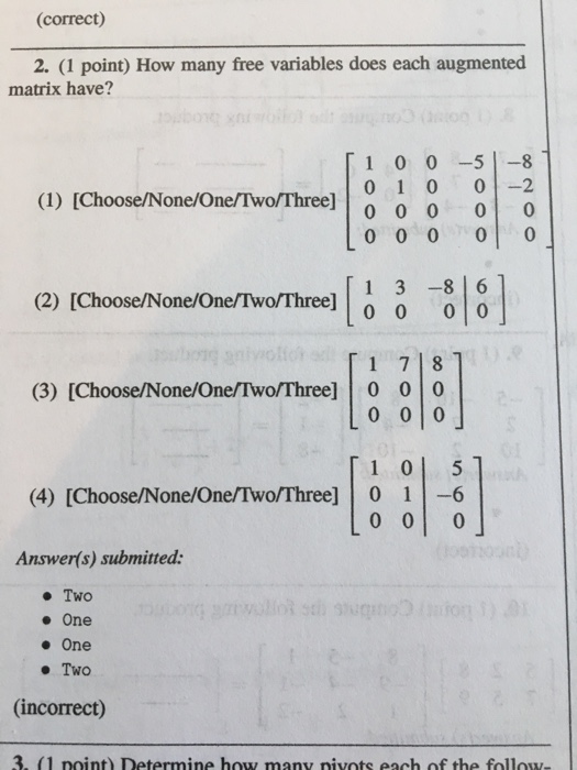 Solved How many free variables does each augmented matrix | Chegg.com