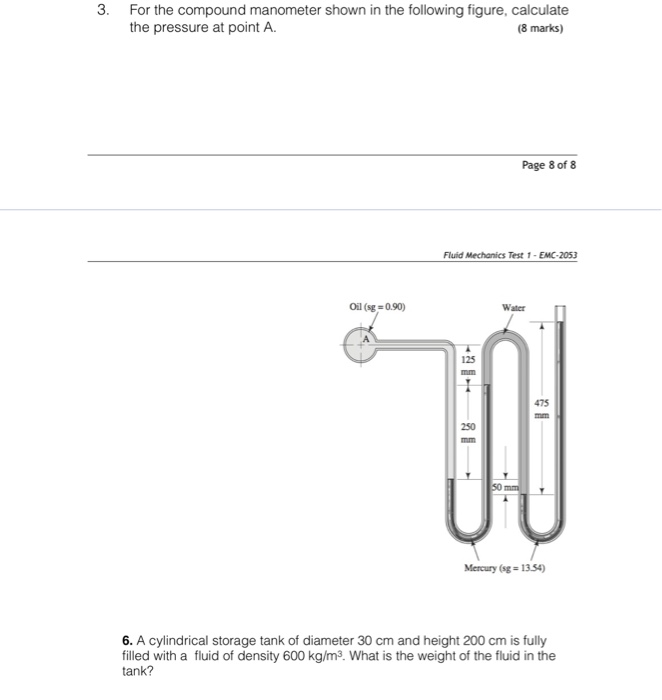 Solved 3. For the compound manometer shown in the following | Chegg.com