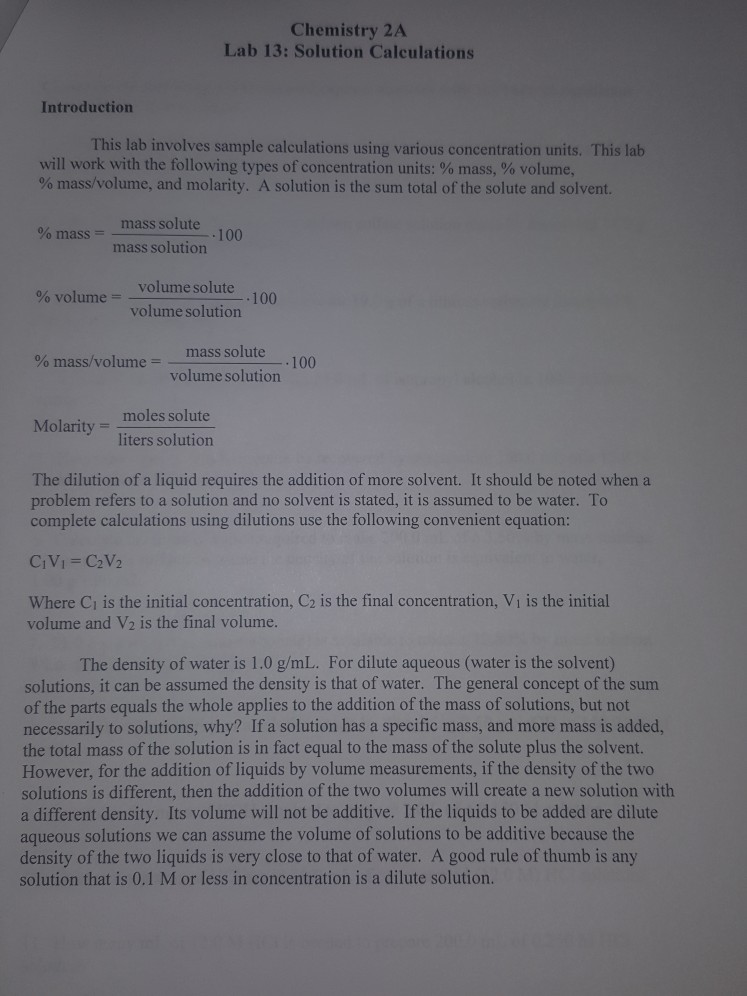 Solved Chemistry 2A Lab 13: Solution Calculations | Chegg.com