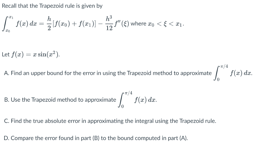 Solved A.) Find an upper bound for the error in using the | Chegg.com