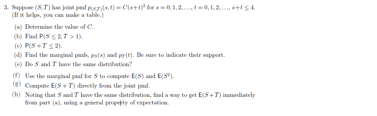 Solved 3. Suppose (S,T) has joint pmfp(S,T)(s,t)=C(s+t)2 for | Chegg.com